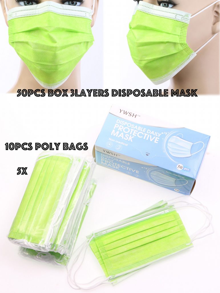 3 Layer Disposal Face Mask – 50 Pack – Bright Green